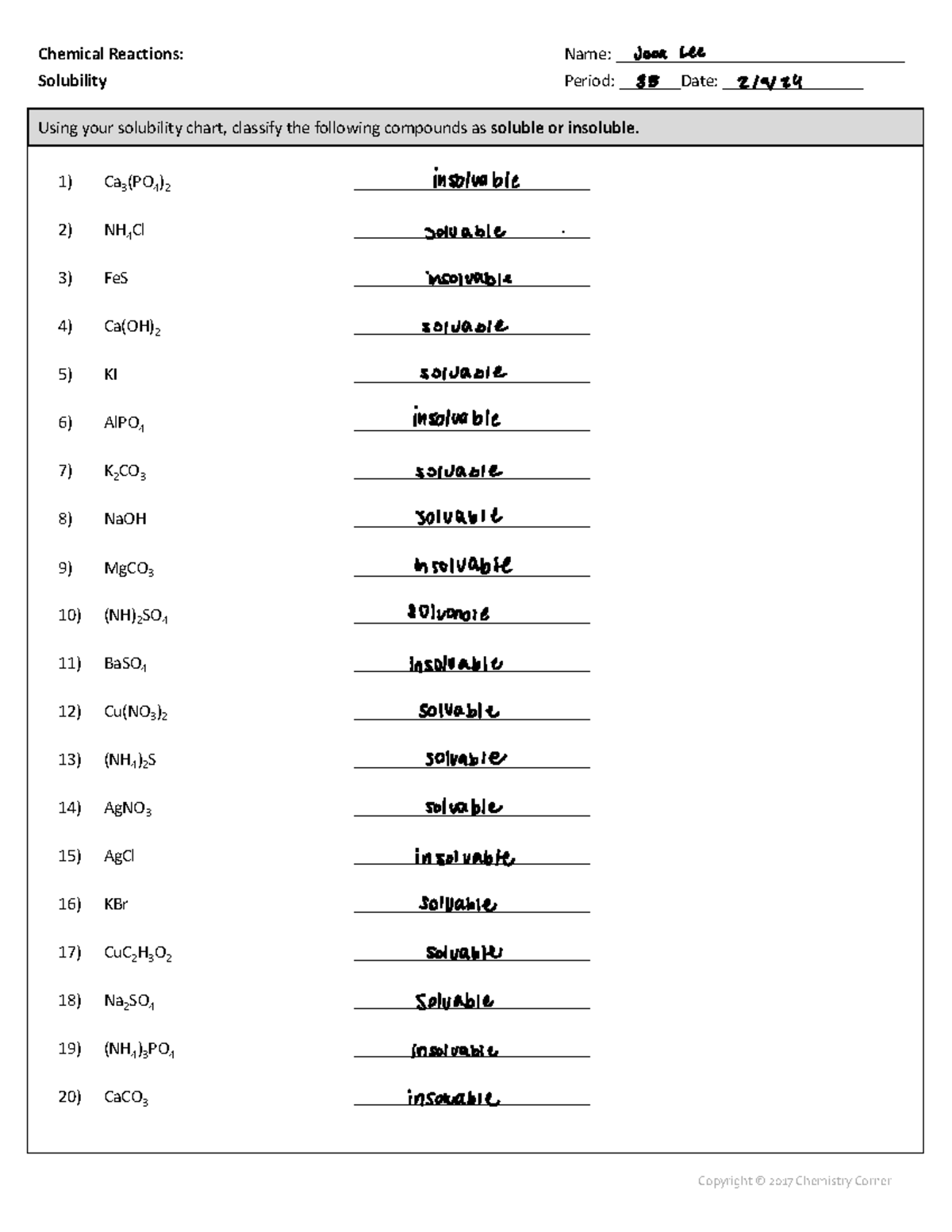 Worksheet 9.5 Solubility - Using your solubility chart, classify the ...