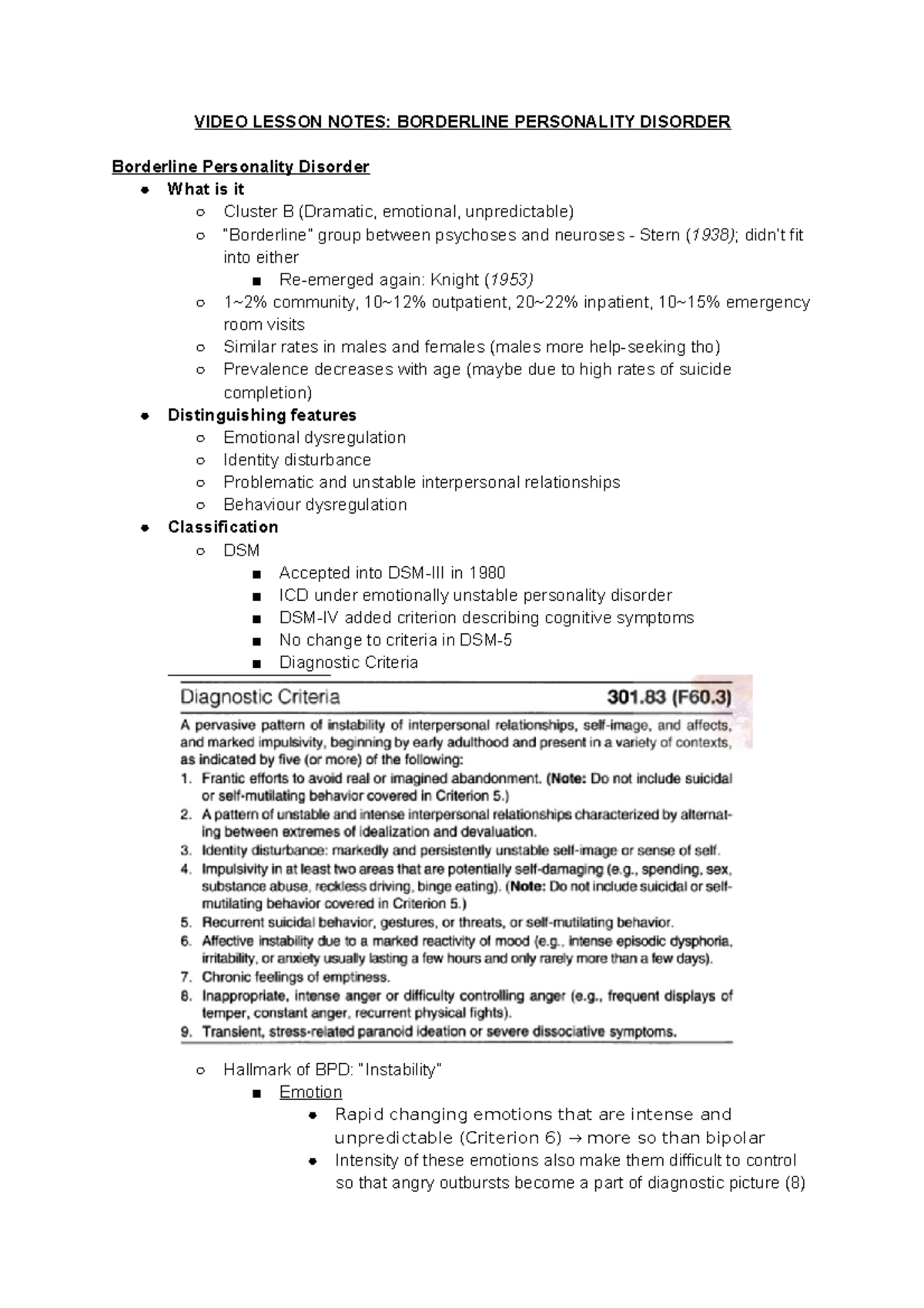 Video Lesson: Borderline Personality Disorder - VIDEO LESSON NOTES ...