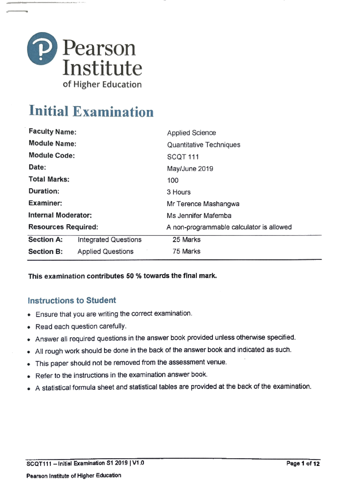 Stats exam jun 2019 - P Pearson Institute of Higher Education Initial ...