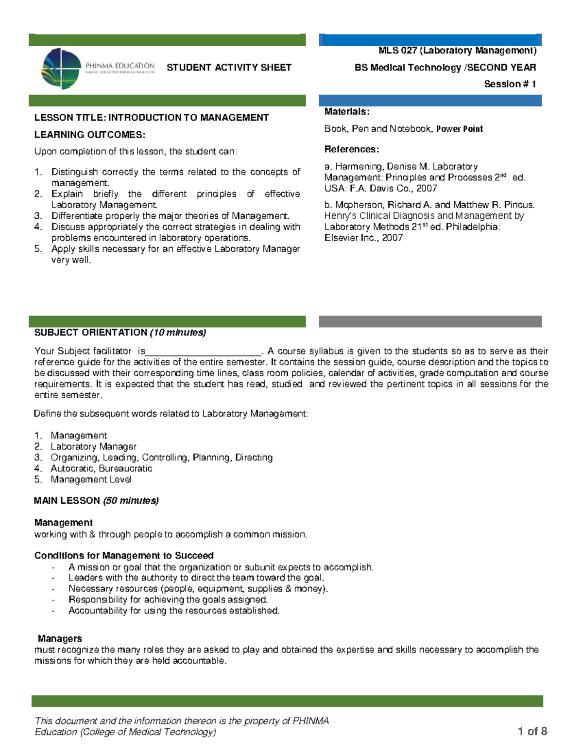 MLS 027 Lab Man Module 1 - Laboratory Management - This document and ...