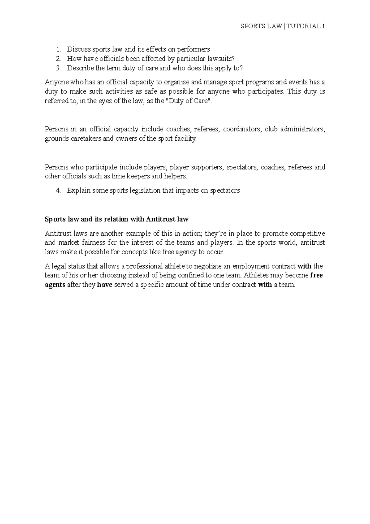 Sports Law Tutorial 1 - SPORTS LAW | TUTORIAL 1 Discuss sports law and ...