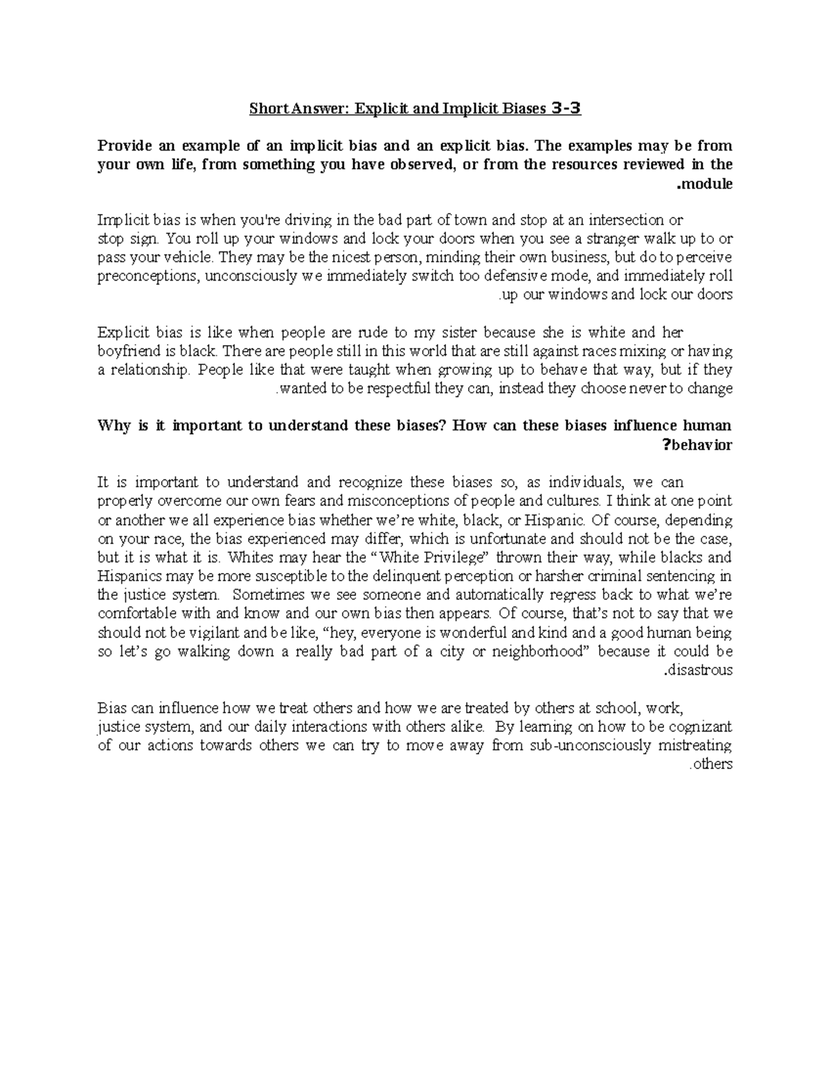 3-3 Short Answer Explicit and Implicit Biases - The examples may be ...