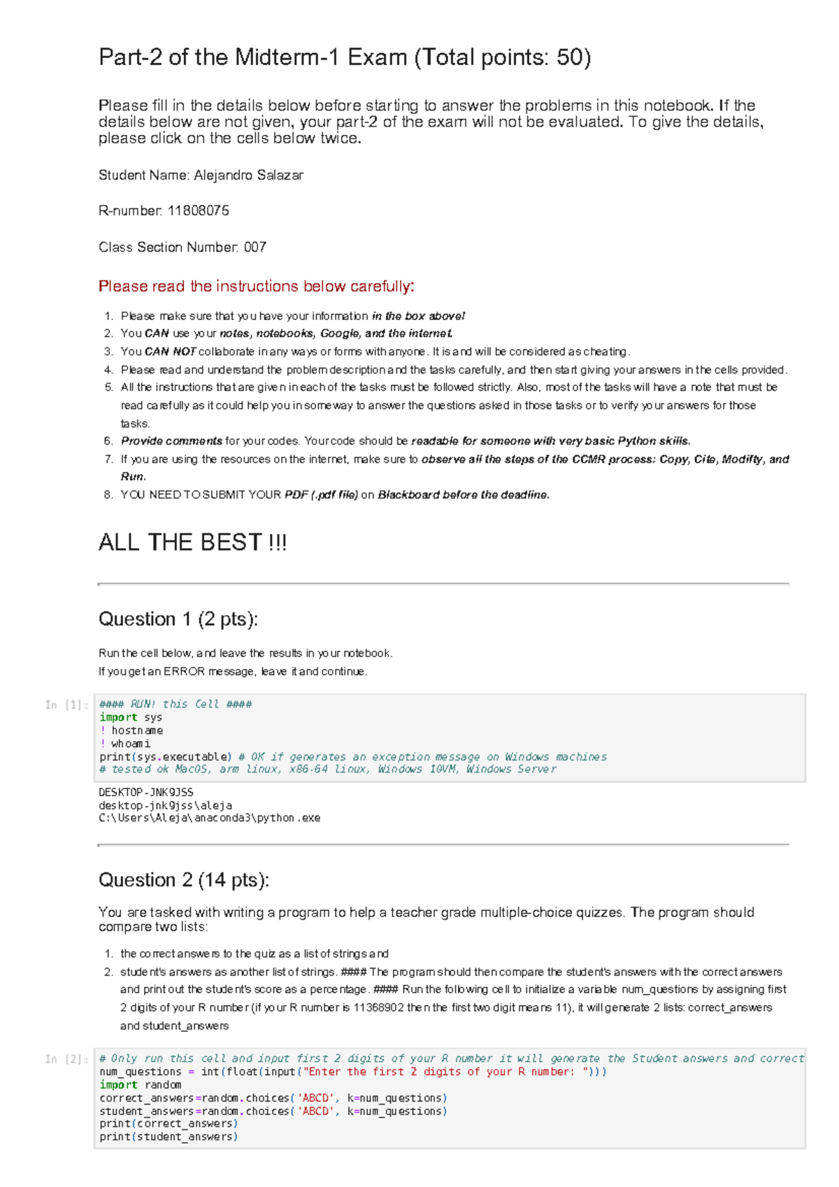 Exam1Part2 v1 - Part 2 of exam 1 - Part-2 of the Midterm-1 Exam (Total points: 50) Please fill ...