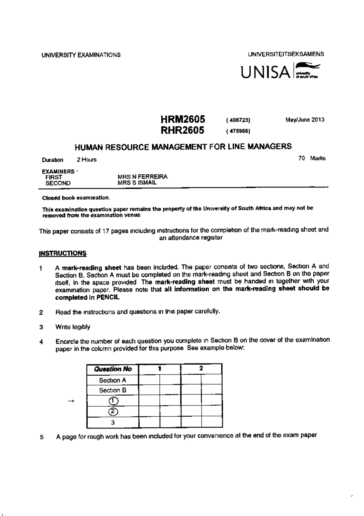 Sample/practice exam 5 June 2013, questions and answers - UNIVERSITY ...