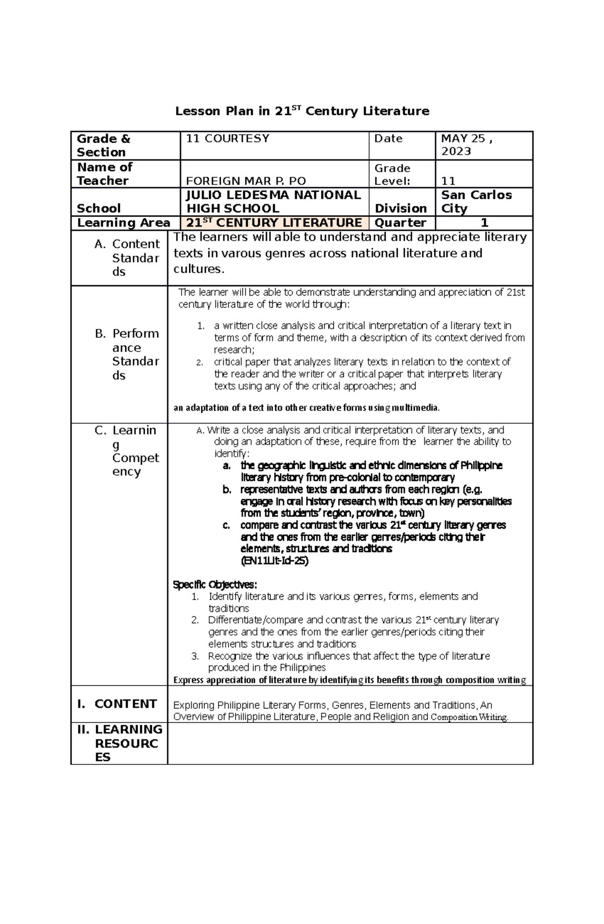 Cot1 21st century literature - Lesson Plan in 21ST Century Literature ...