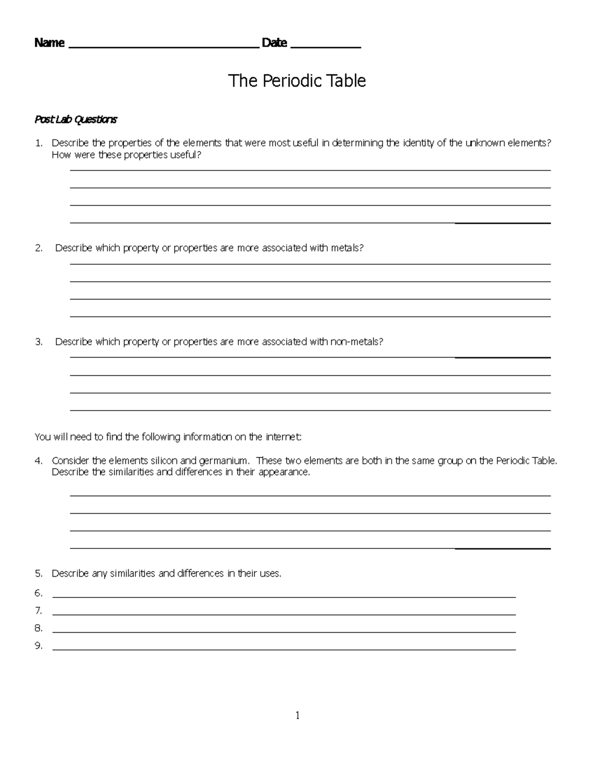 Activity - Post Lab Identification of Unknown Elements - Name