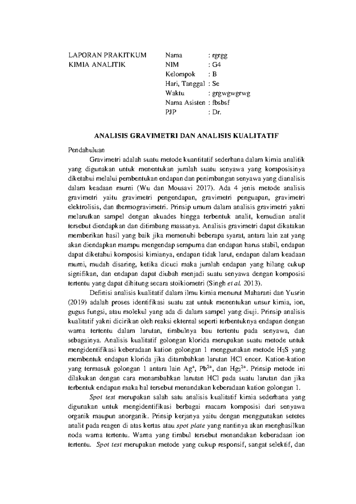 Laporan Praktikum Analitik - Analisis Gravimetri dan Analisis ...