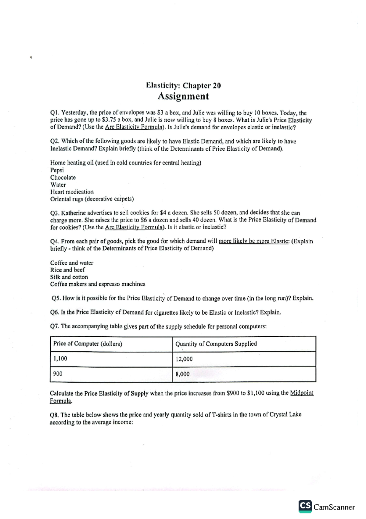 Eco101 Elasticity Assignment (Short version) - Elasticity: Chapter 20 ...