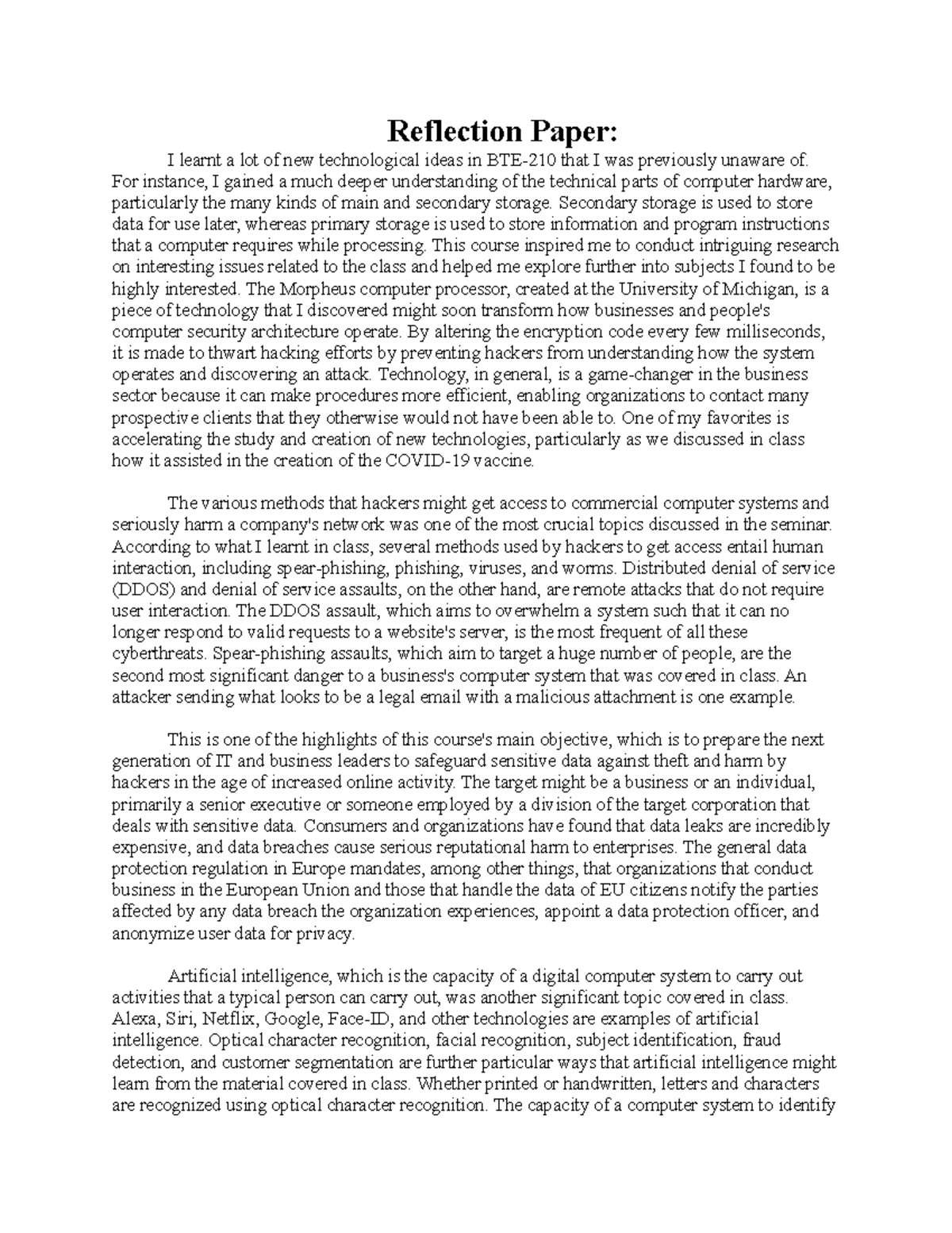 BTE-210 Reflection Paper - Reflection Paper: I learnt a lot of new ...