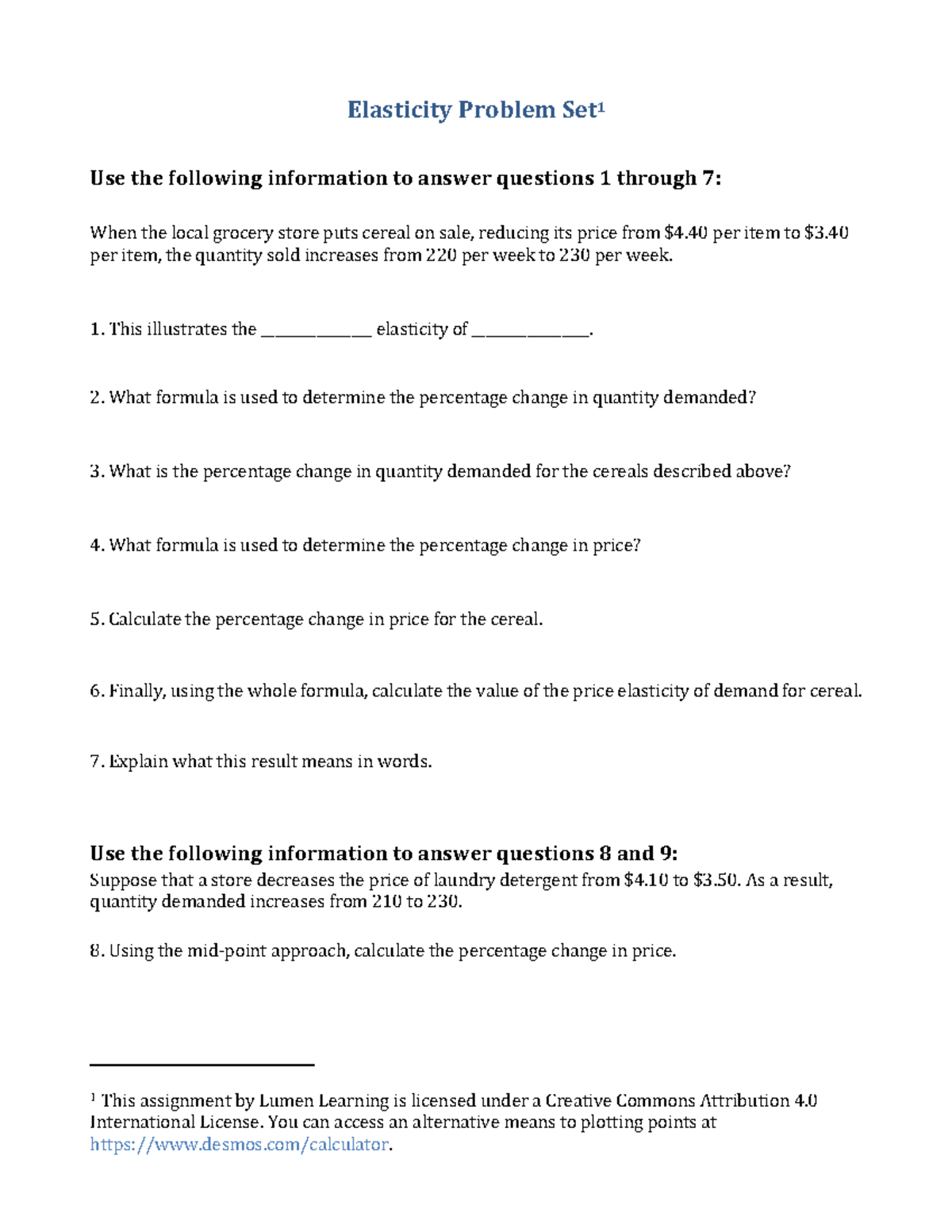 05+Elasticity - elasticity practice - Elasticity Problem Set 1 Use the following information to ...
