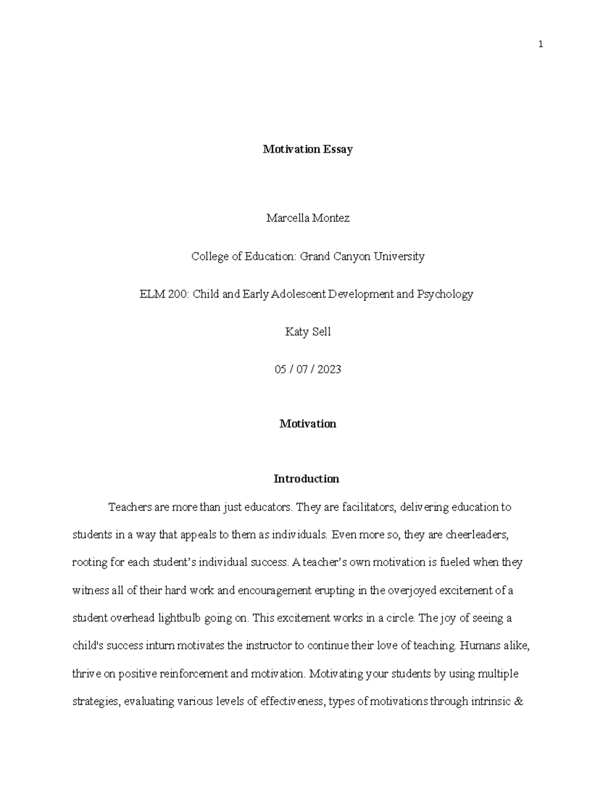 New T7 Assignment Template - Motivation Essay Marcella Montez College ...