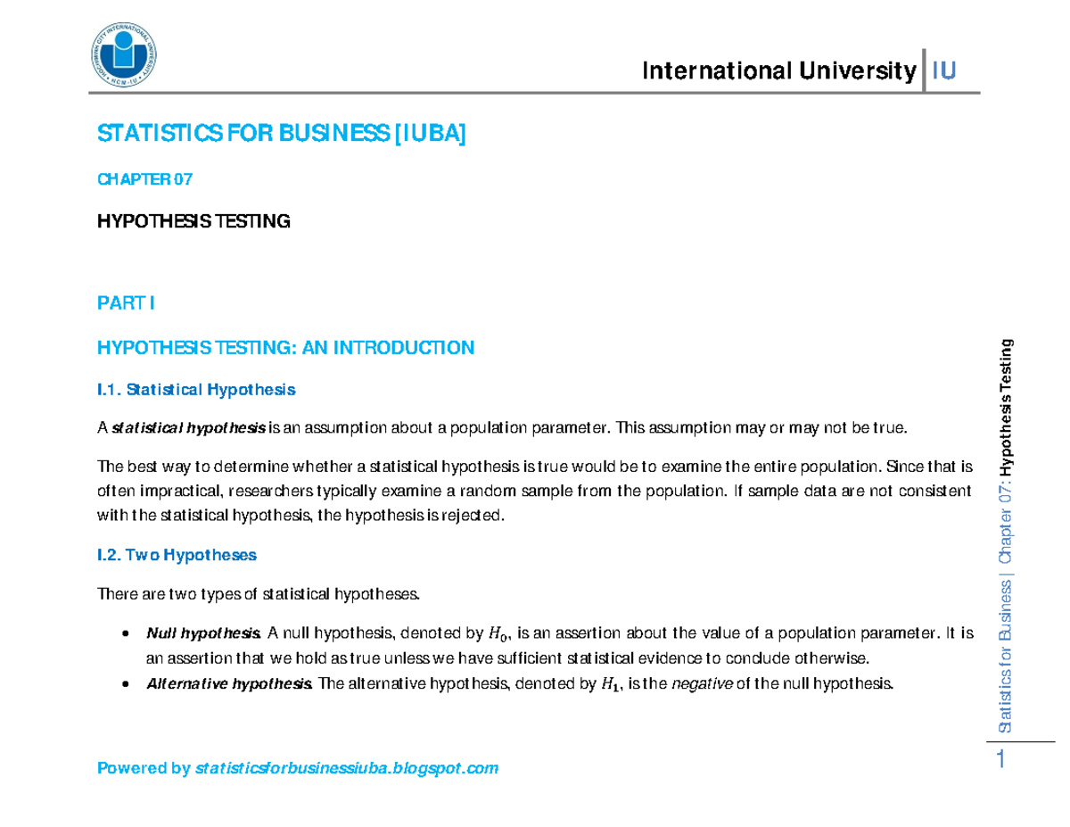 Hypothesis- Testing - Statistics for Business | Chapter 07: Hypothesis ...