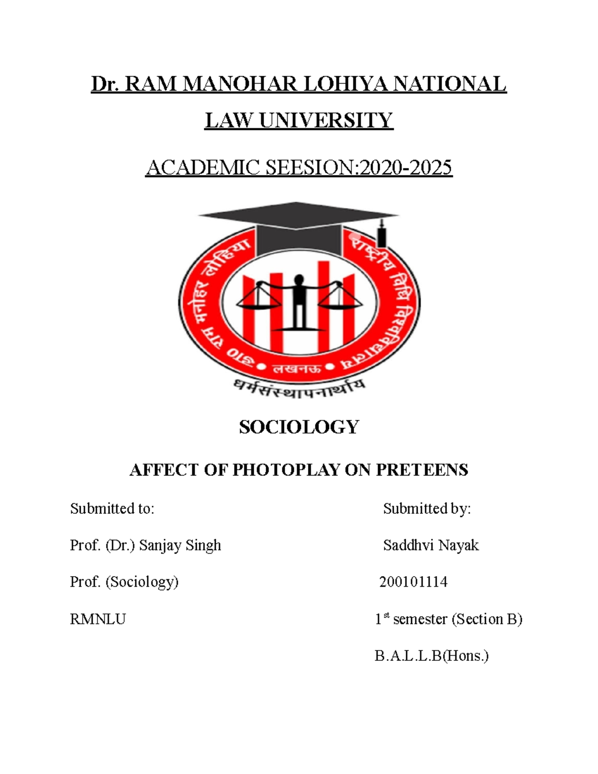 Sociology project - Dr. RAM MANOHAR LOHIYA NATIONAL LAW UNIVERSITY ...