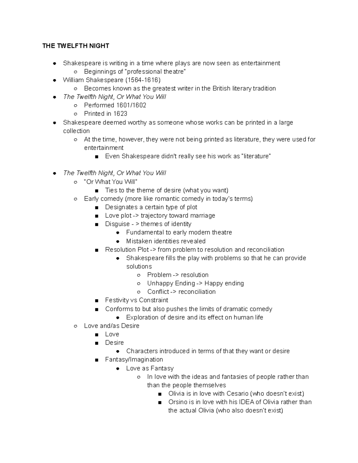 ENG 241 Notes 11 - THE Twelfth Night - THE TWELFTH NIGHT Shakespeare is ...