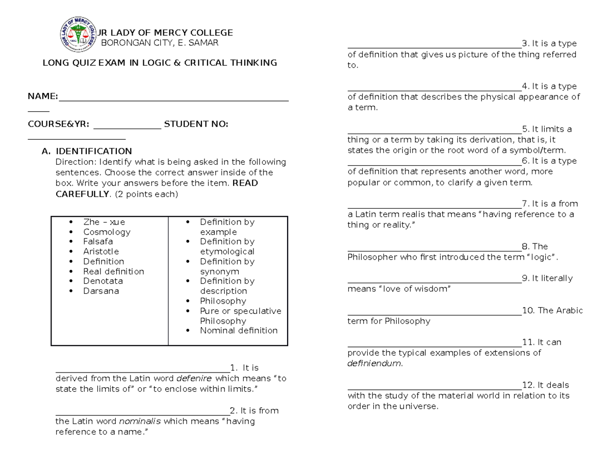 LONG QUIZ IN Logic - EXERCISE - OUR LADY OF MERCY COLLEGE BORONGAN CITY ...