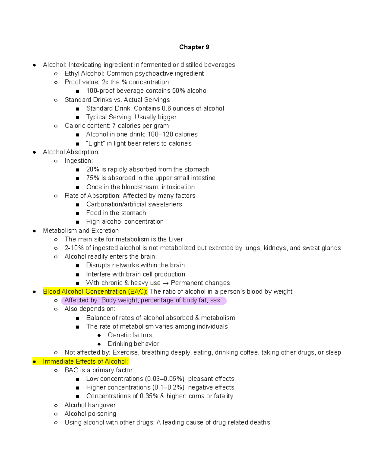 HPEX 357 Unit 2 Notes - Chapter 9 Alcohol: Intoxicating ingredient in ...