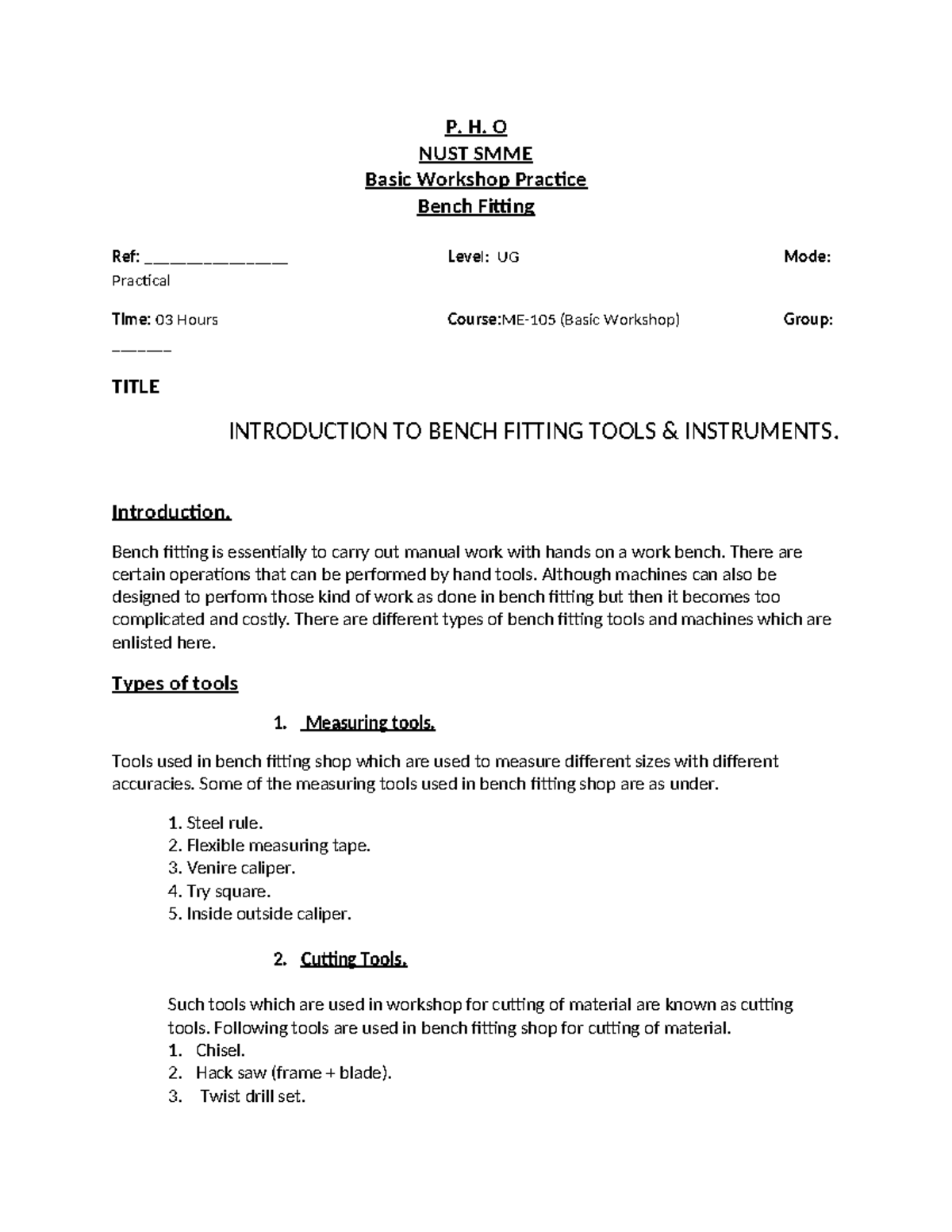 Pho Banch fitting basic tools - P. H. O NUST SMME Basic Workshop ...
