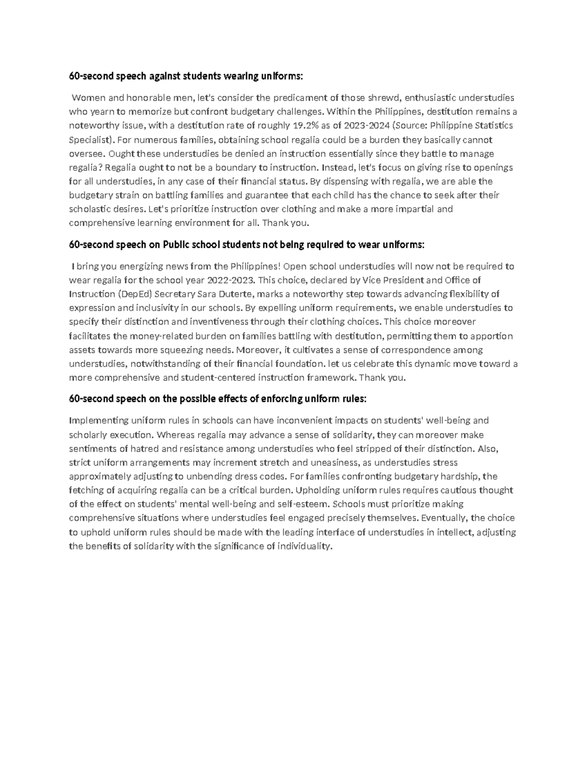 Debate - 60-second speech against students wearing uniforms: Women and ...