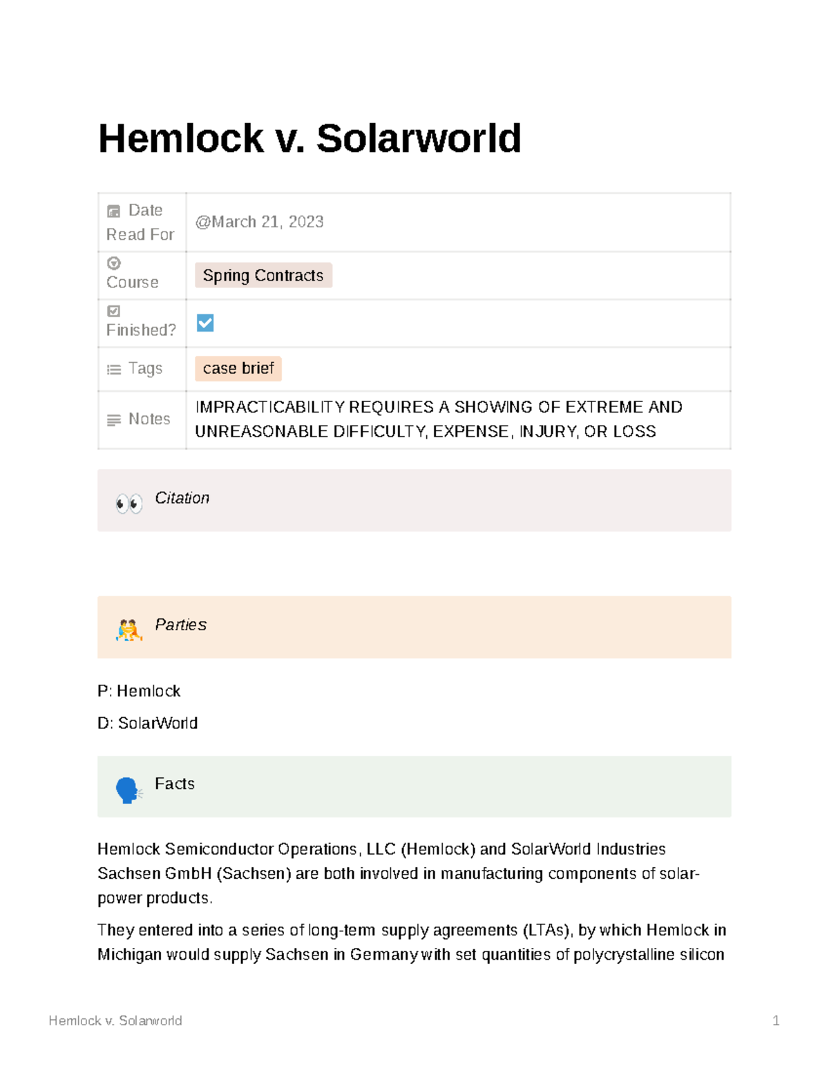 Hemlock - Case Brief - Hemlock v. Solarworld Date Read For Course ...