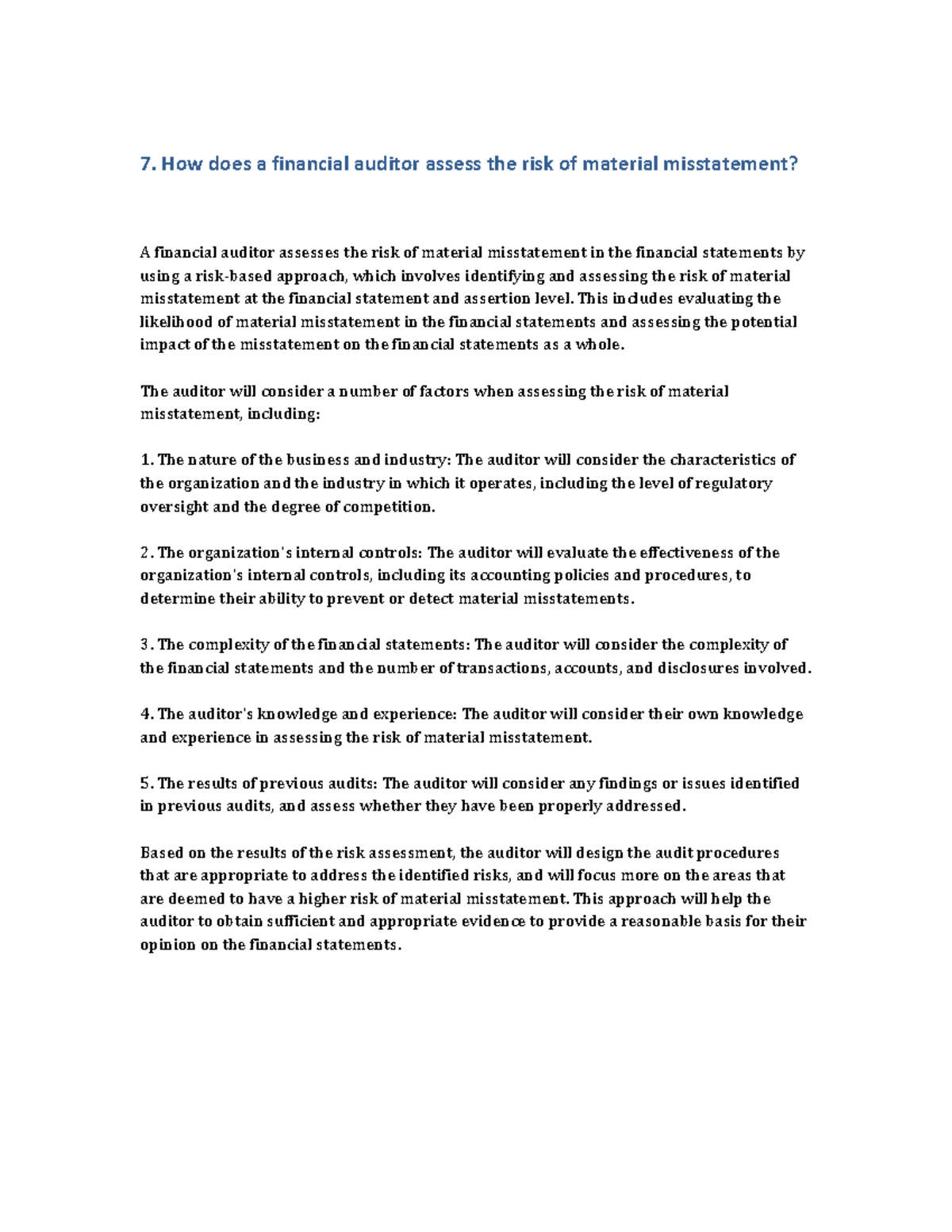 Audit financier 2 - 7. How does a financial auditor assess the risk of ...