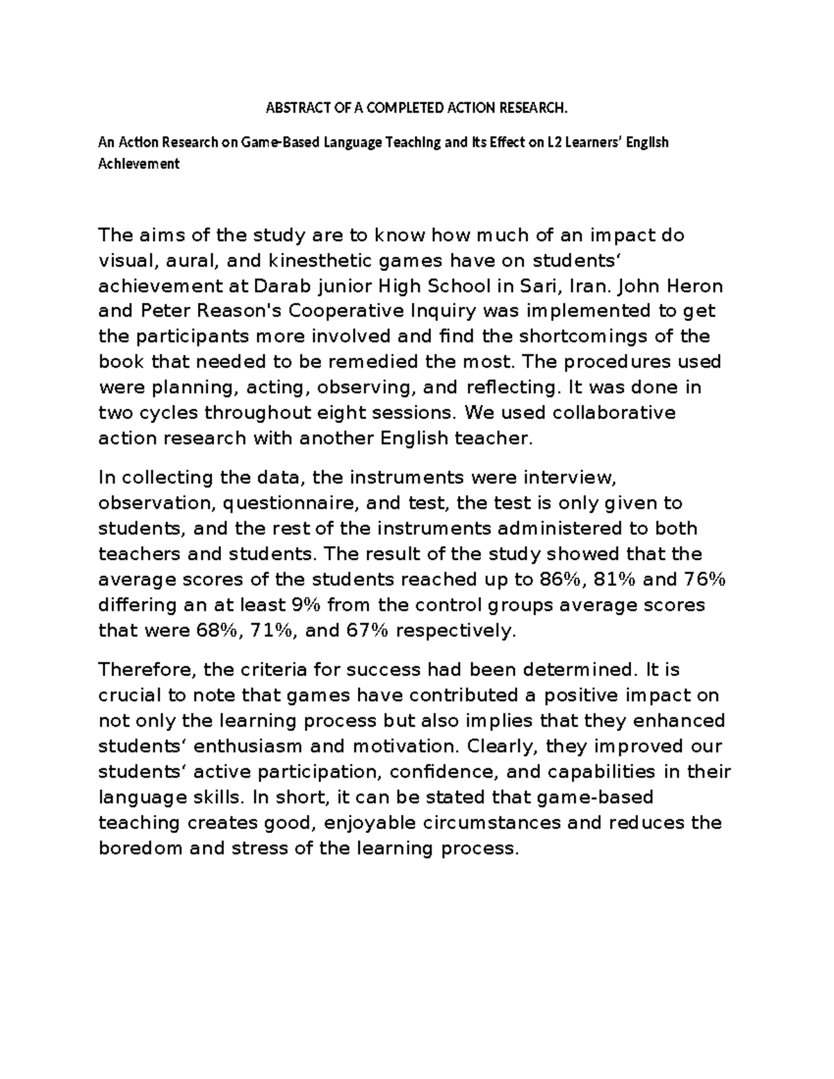 721728625 Abstract OF A Completed Action Research - ABSTRACT OF A COMPLETED ACTION RESEARCH. An ...