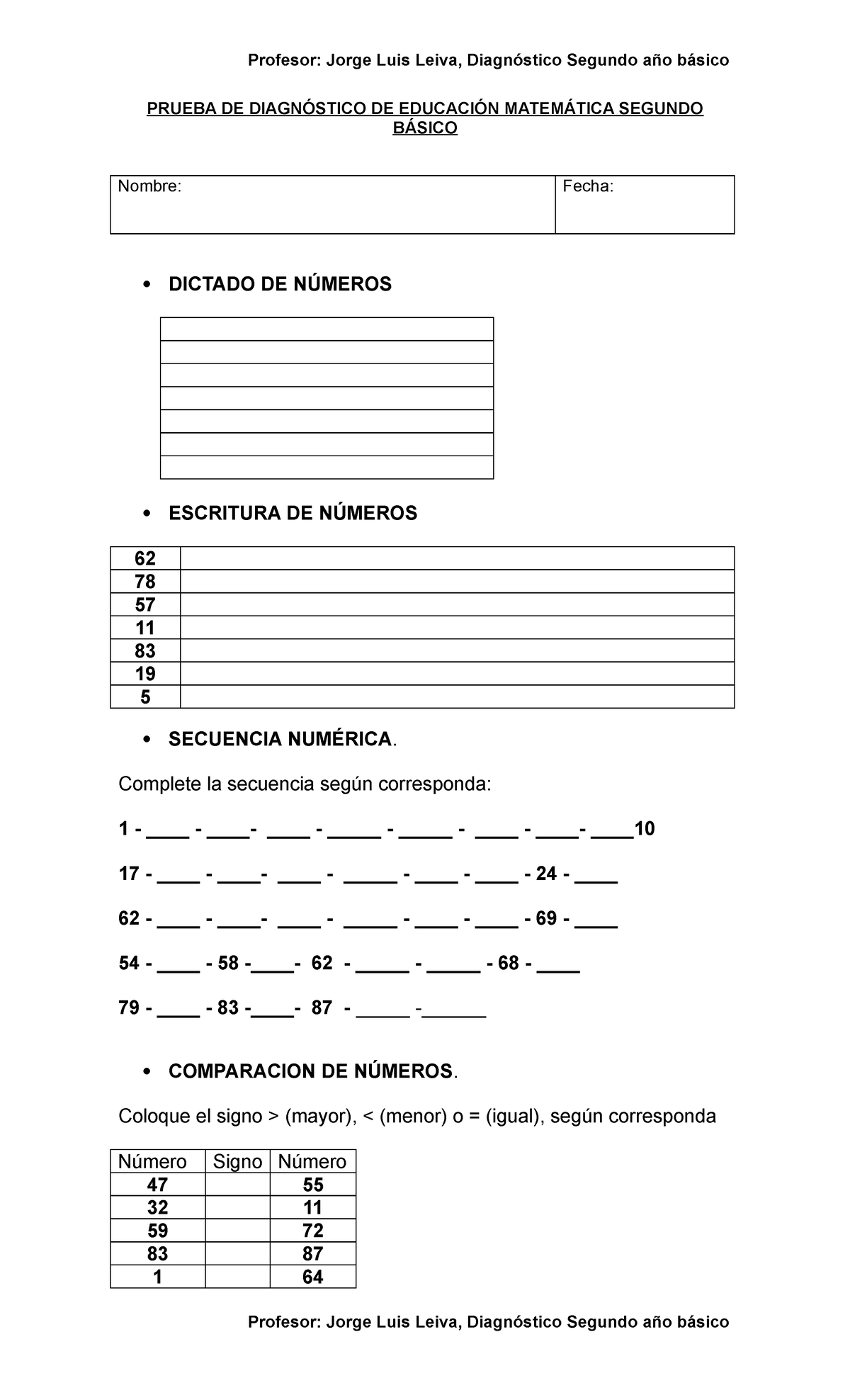 Prueba DE Diagnostico DE Educacion Matematica Segundo Basico - PRUEBA ...