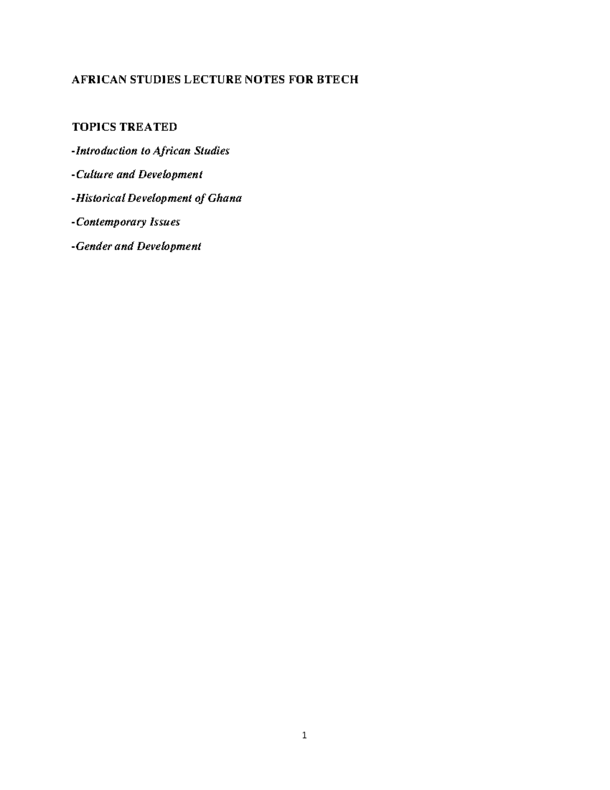Btech Notes Combined NEW - AFRICAN STUDIES LECTURE NOTES FOR BTECH ...