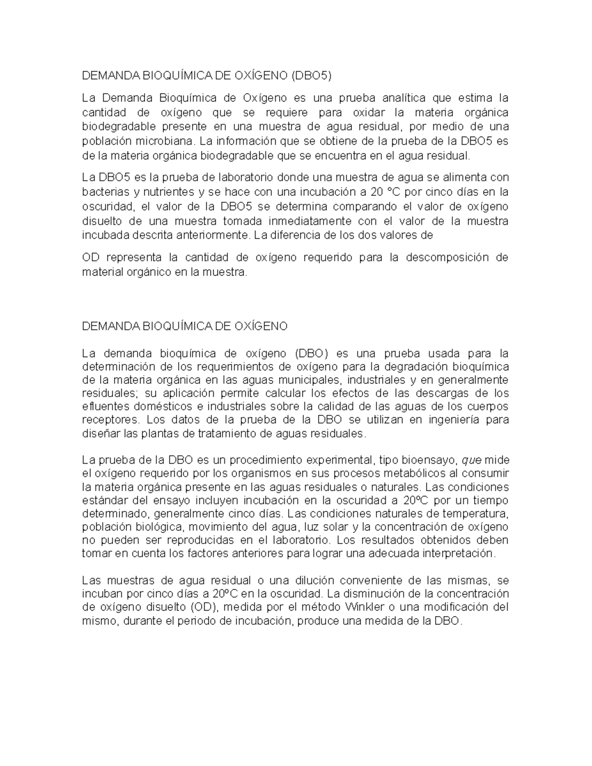 Demanda Bioquimica DE Oxigeno DBO5 - DEMANDA BIOQUÍMICA DE OXÍGENO ...
