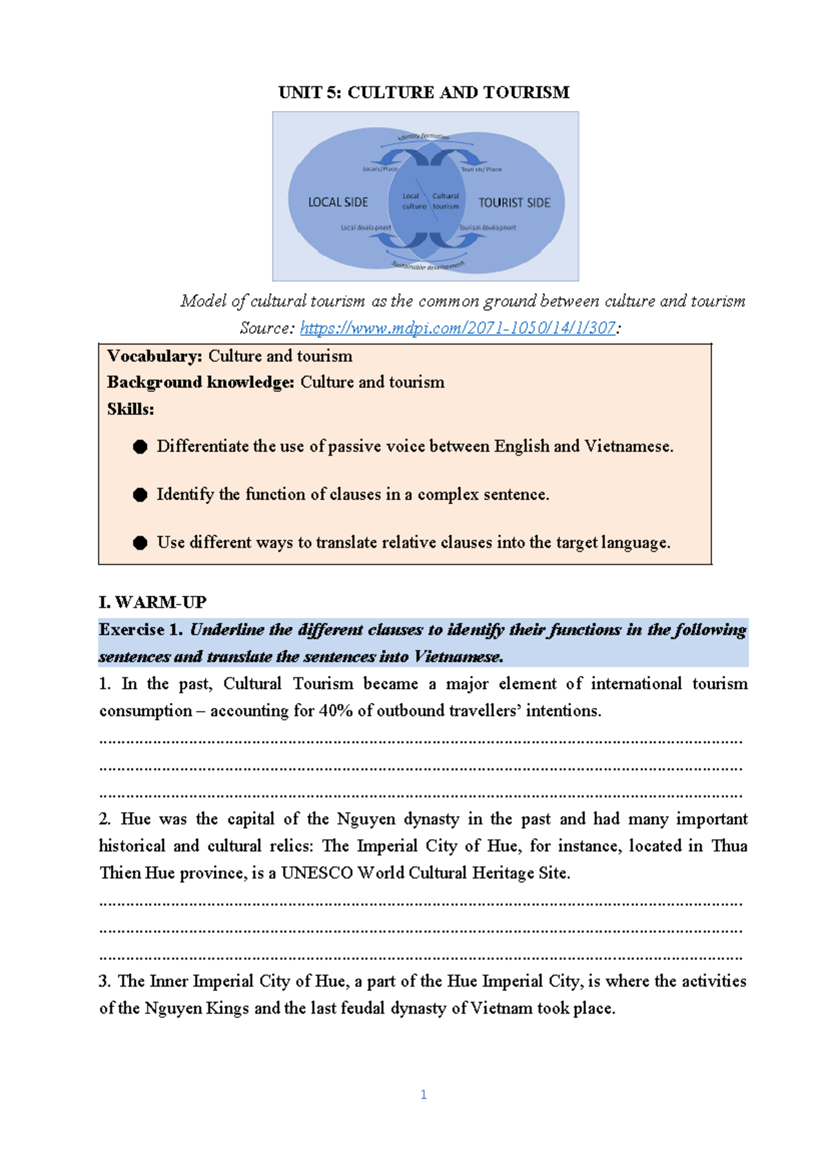 UNIT 5-BD2 - Unit 5-A handout for unit 5 - UNIT 5: CULTURE AND TOURISM Model of cultural tourism ...
