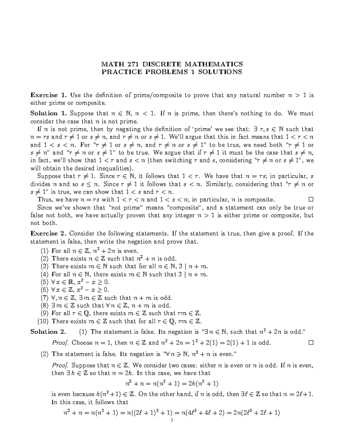 271 Practice Worksheet 1 Solutions MATH 271 DISCRETE MATHEMATICS 