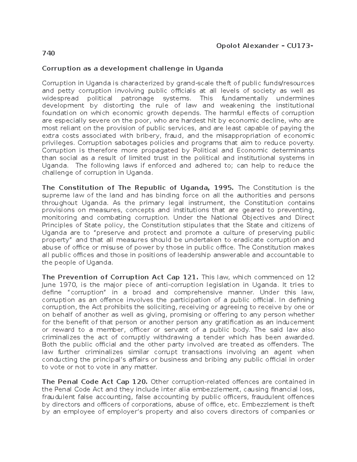 Assignment 1 - Opolot Alexander – CU173- 740 Corruption as a ...