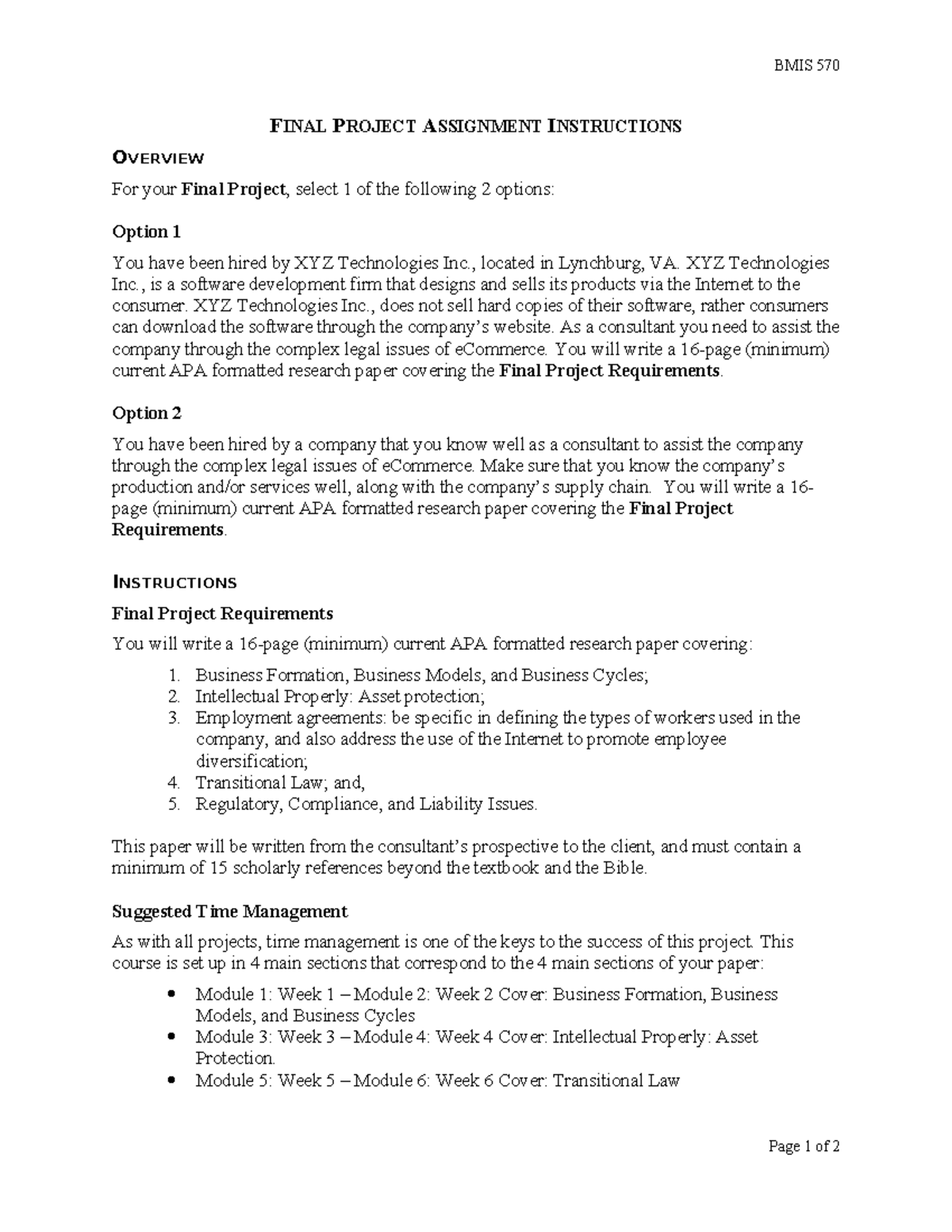 Final Project Assignment Instructions - BMIS 570 FINAL PROJECT ASSIGNMENT INSTRUCTIONS OVERVIEW ...