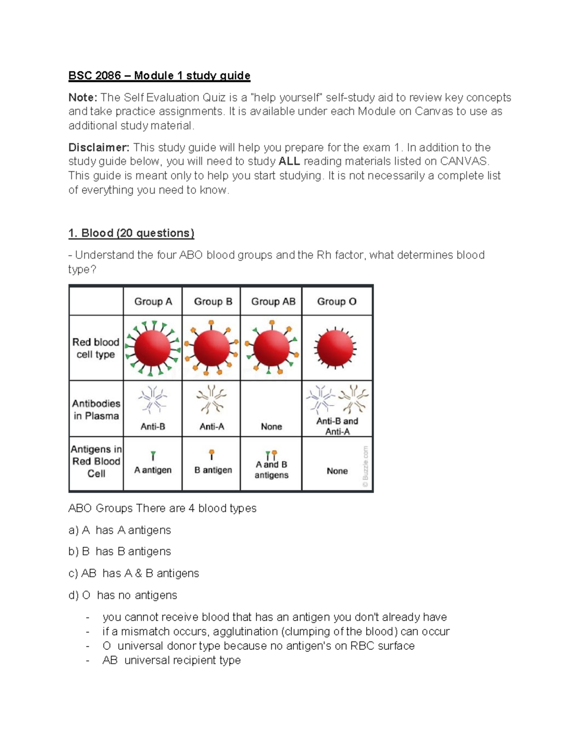 BSC 2086 Module 1 - study guide - BSC 2086 – Module 1 study guide Note ...