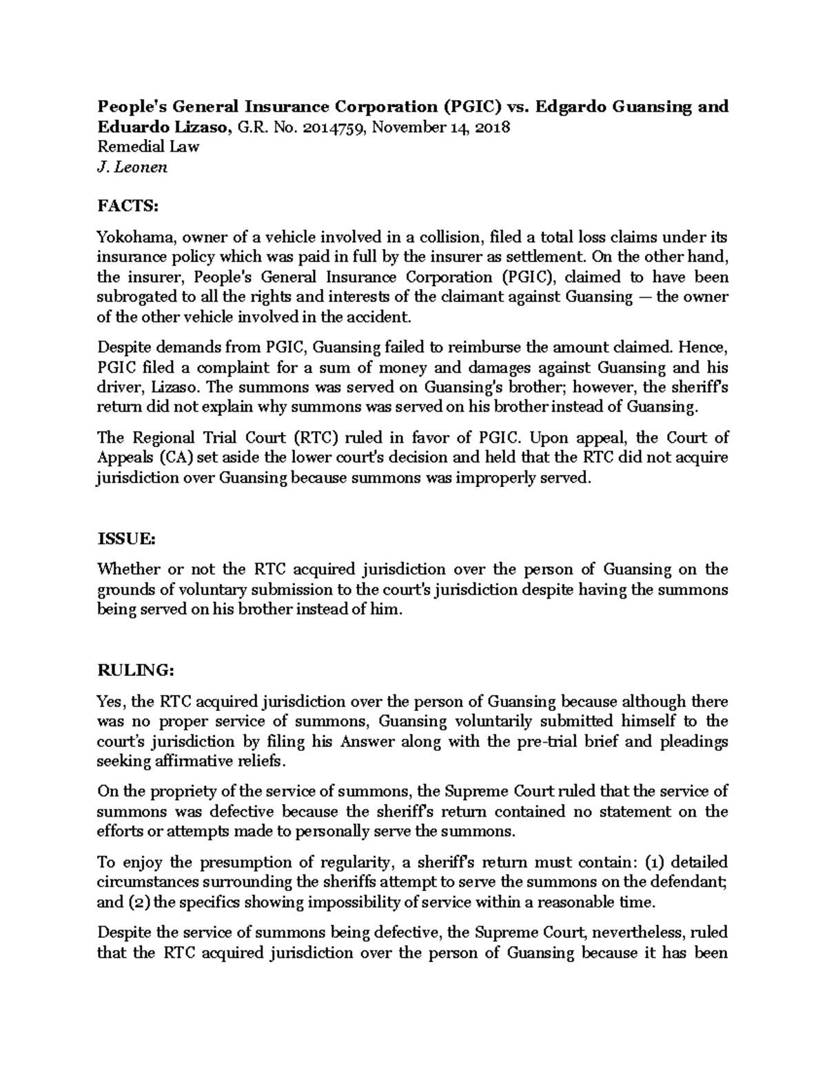 Pgic vs guansing and lizaso g r no 2014 759 november 14 2018 remedial ...