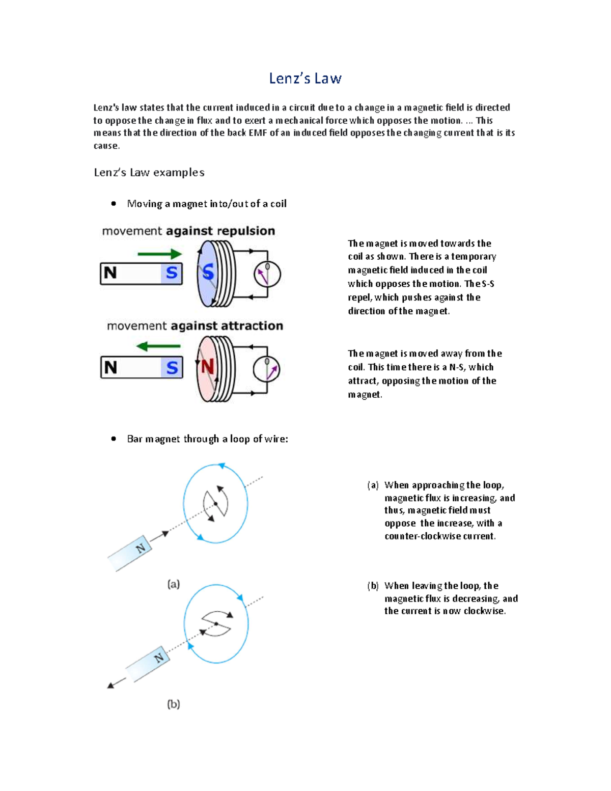 Lenz and Faraday laws - Lenz’s Law Lenz's law states that the current ...