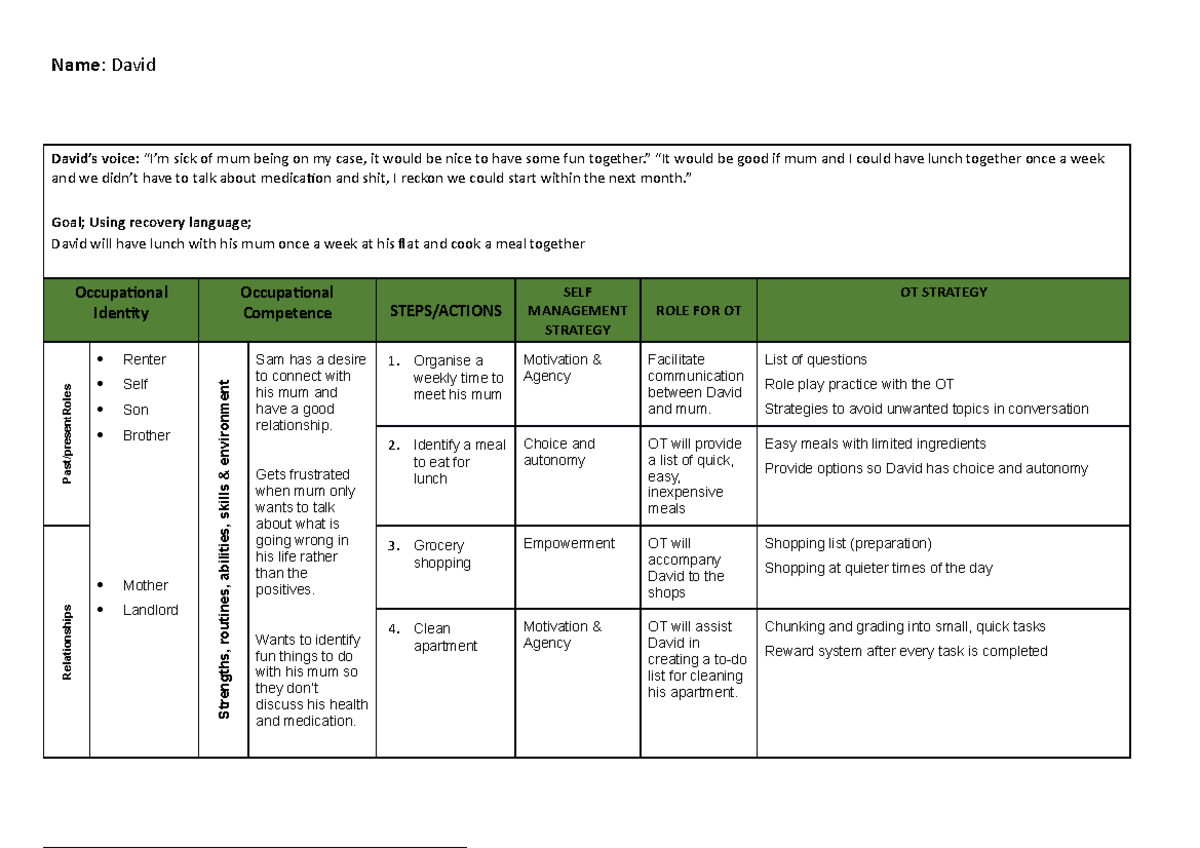 Recovery plan MOHO template - Name: David David’s voice: “I’m sick of ...