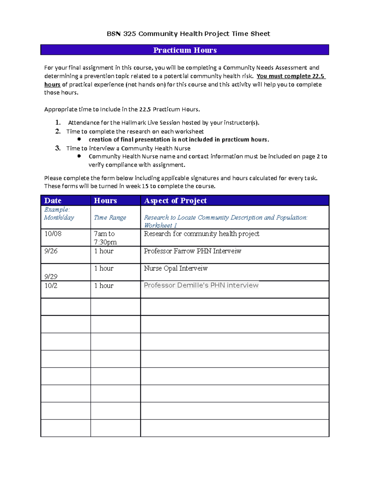 Updated.Spring 23. Hallmark Practicum Time Sheet - BSN 325 Community Health Project Time Sheet ...