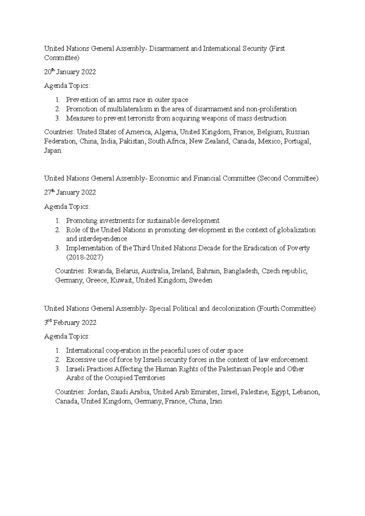 MUN agendas - MUN - United Nations General Assembly- Disarmament and ...