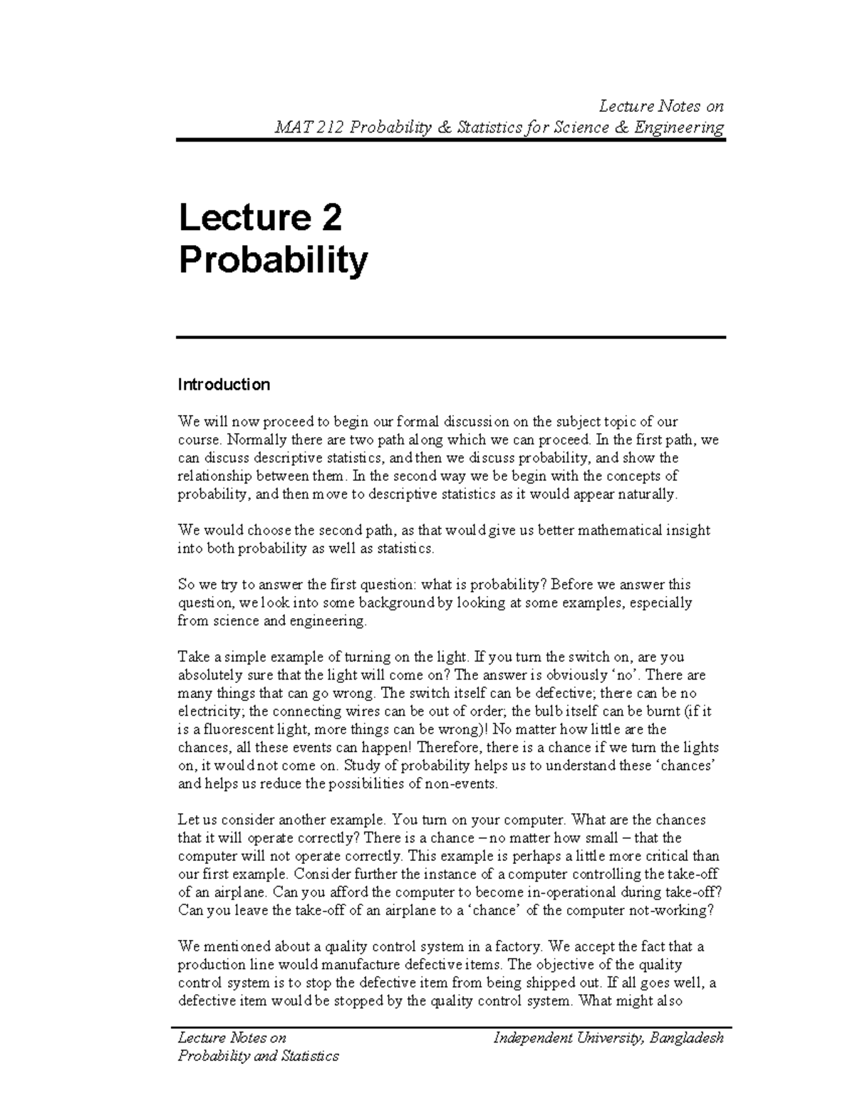 Lecture 02 - ....... - Lecture Notes on MAT 212 Probability Statistics ...