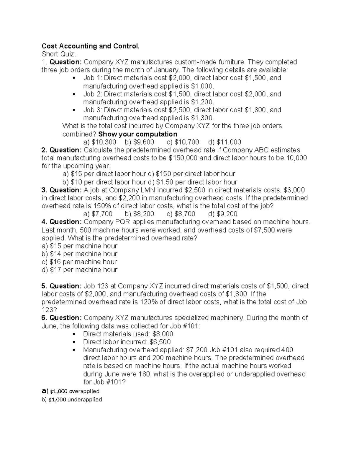 Quiz Job order costing with answers - Cost Accounting and Control ...