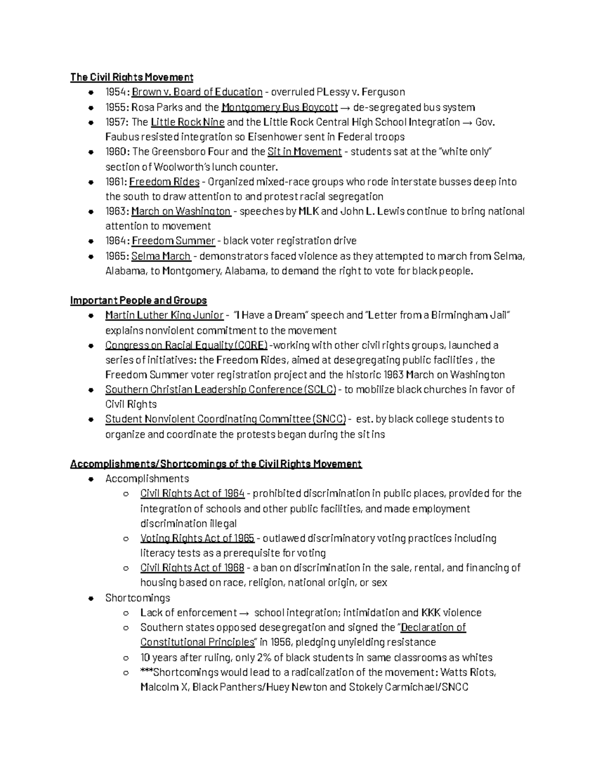 The Civil Rights Movement Notes - The Civil Rights Movement 1954: Brown ...