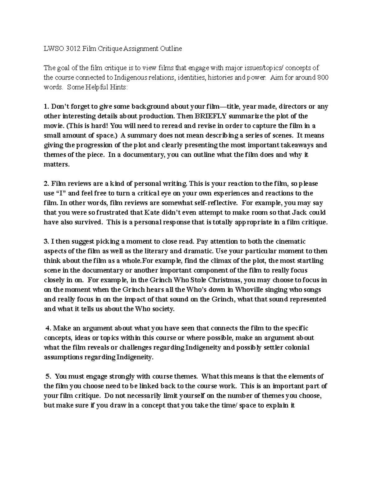 LWSO 3012 Film Critique Assignment Outline and Info - LWSO 3012 Film ...
