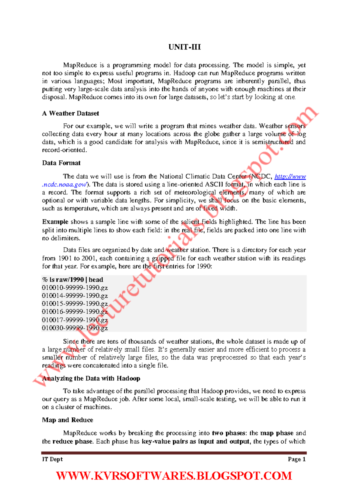 UNIT-3 - IT Dept Page 1 UNIT-III MapReduce is a programming model for ...