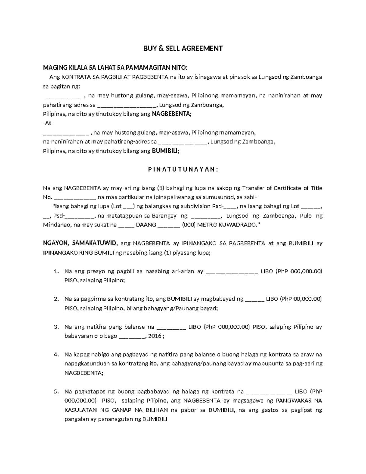 DELA CRUZ BUY AND SELL Agreement ( Filipino) - BUY & SELL AGREEMENT ...