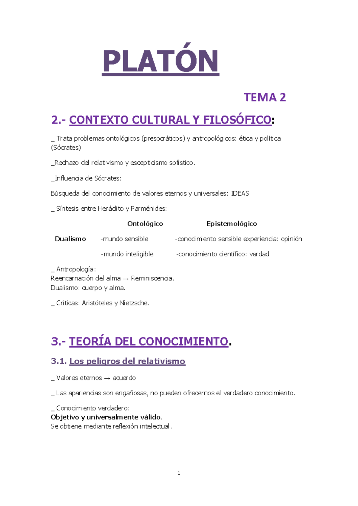 2 Esquema Platón - Completo - PLATÓN TEMA 2 2.- CONTEXTO CULTURAL Y FILOSÓFICO: _ Trata ...