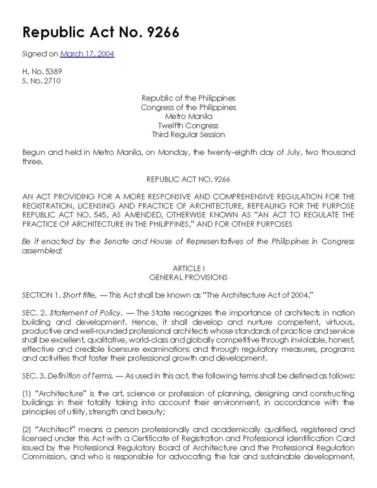 RA9266 The Architecture Act of 2004 - Republic Act No. 9266 Signed on ...