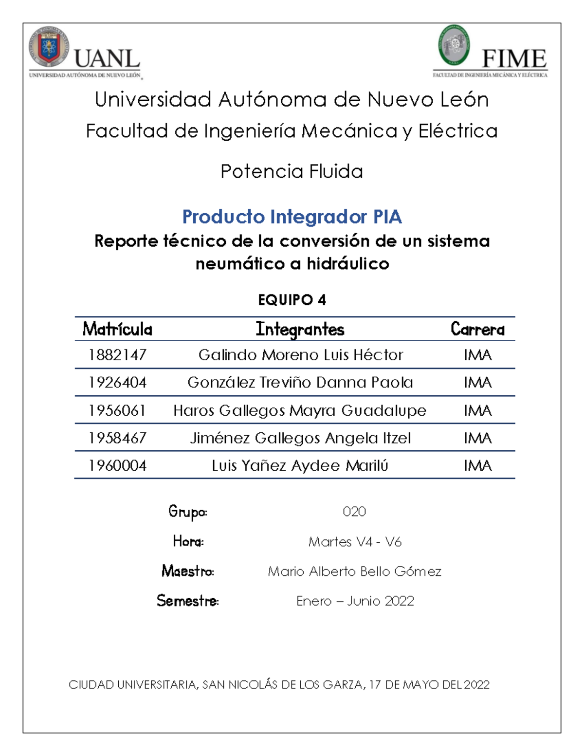 PIA EQ4 1926404 - Materia de potencia fluida Pía final - Universidad AutÛnoma de Nuevo LeÛn ...