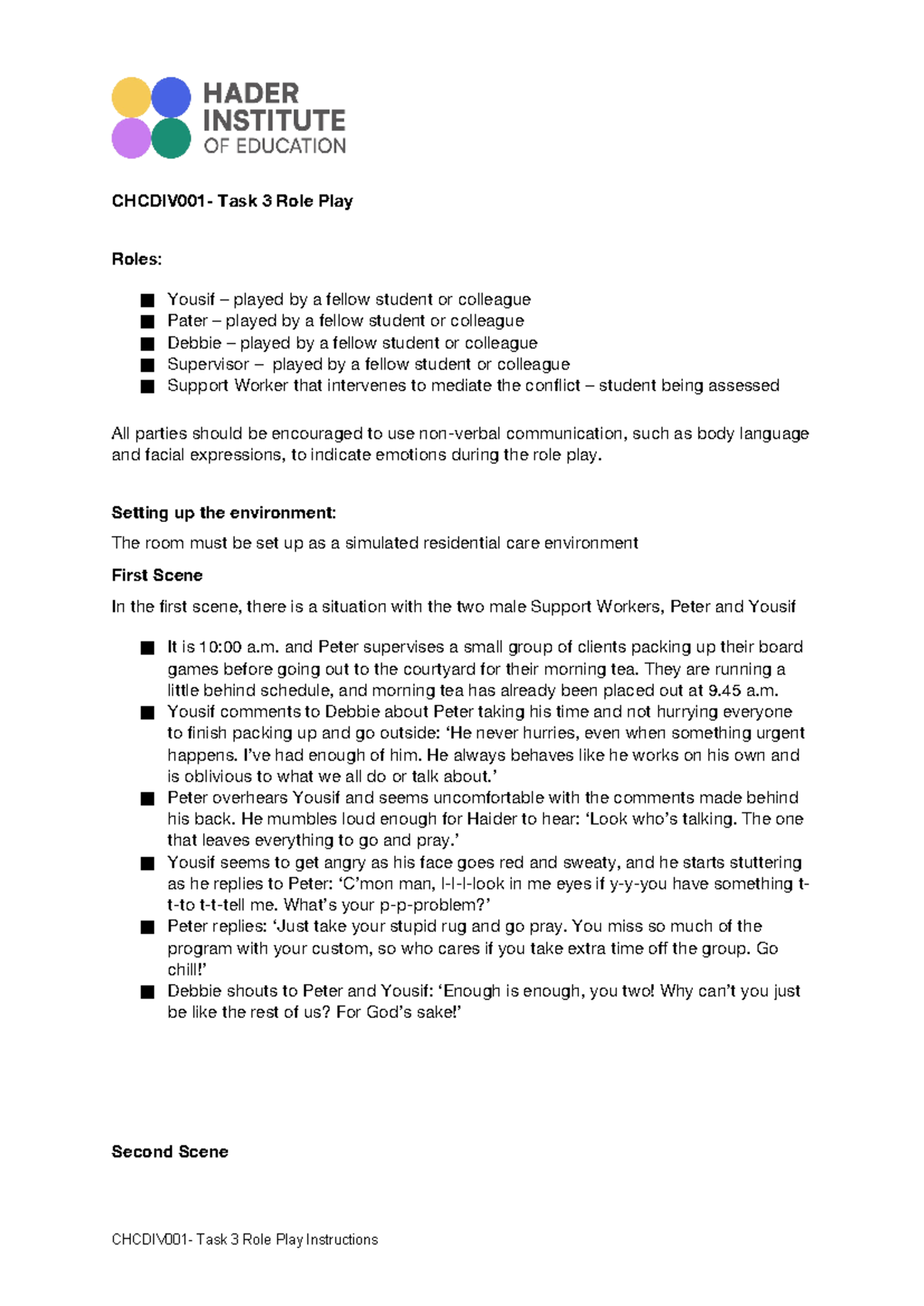 Chcdiv 001- Task 3 Role Play Instructions (IS) - CHCDIV001- Task 3 Role ...