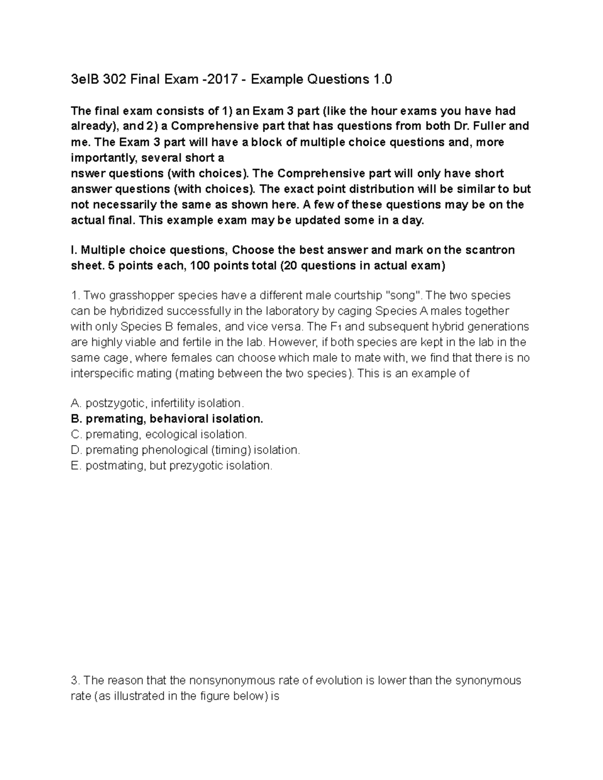 IB 302 Final Exam 2017 - EXAM - 3eIB 302 Final Exam -2017 - Example ...