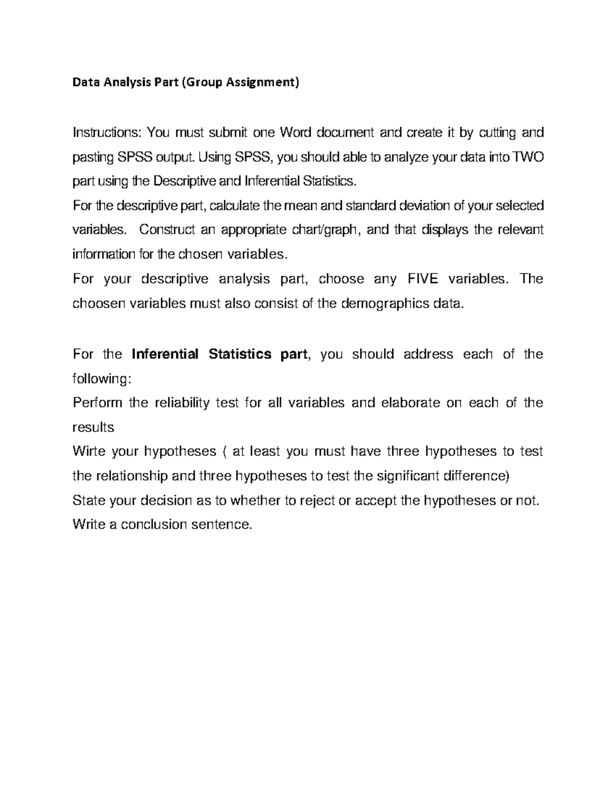 Data Analysis Guidelines Group Assignment Data Analysis Part Group Assignment Instructions